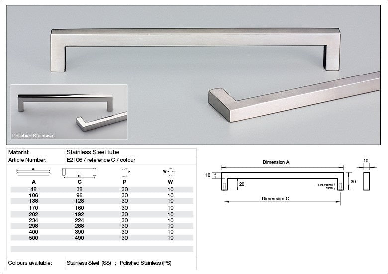 Kethy Cabinet Handle E2106 Siena 10mm Square Flush Ends Stainless Steel ...