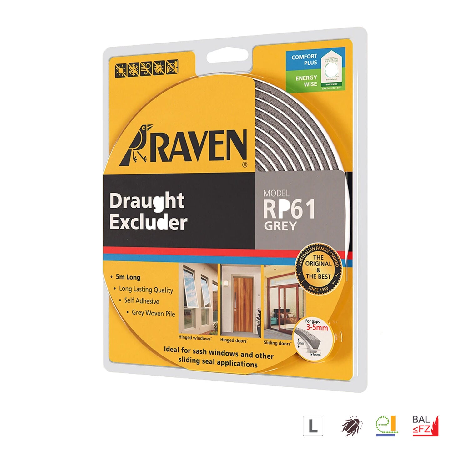 Raven RP61 Draught Excluder Door And Window Seal 5000mm Roll Grey R61 ...